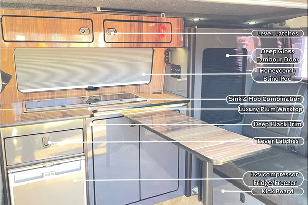 VW T4 Rock & Roll Bed & Two Tone Gloss Wood Stripe & Gloss Grey Units ...