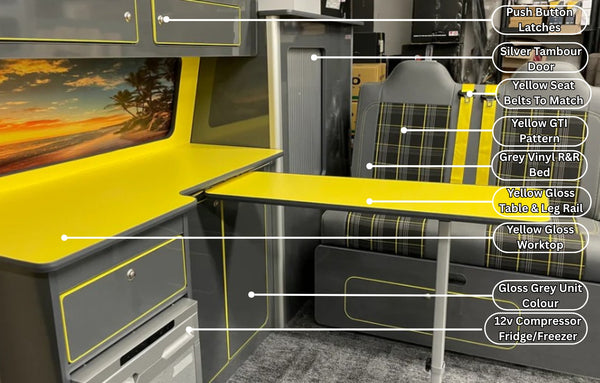 VW T4 Rock & Roll Bed & Gloss Grey & Yellow Units– T4mation.me